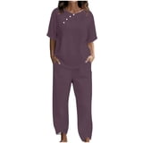 BLCHUNen Womens 2 Piece Outfits Summer Crew Neck Button Tops Petal Wide ...