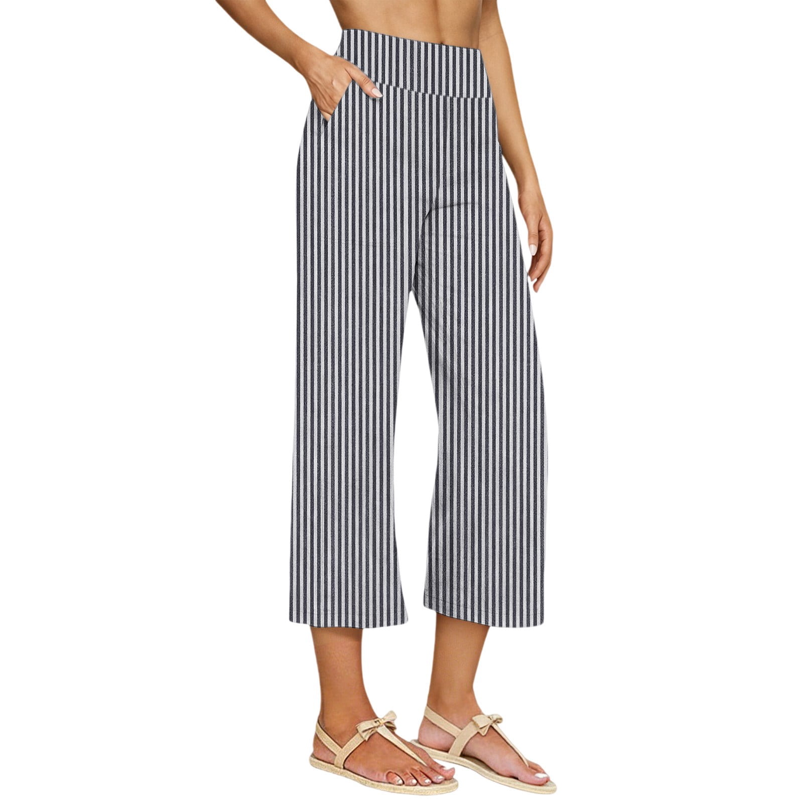 BLCHUNen Womens Capri Pants Straight Leg Striped Casual Summer High ...