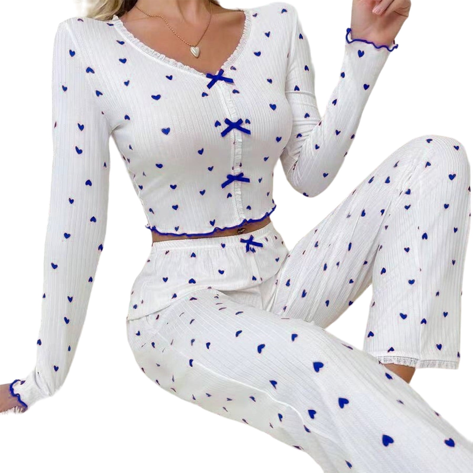 BLCHUNen Womens Pajama Sets 2 Piece Outfits Long Sleeve Crop Tops and ...