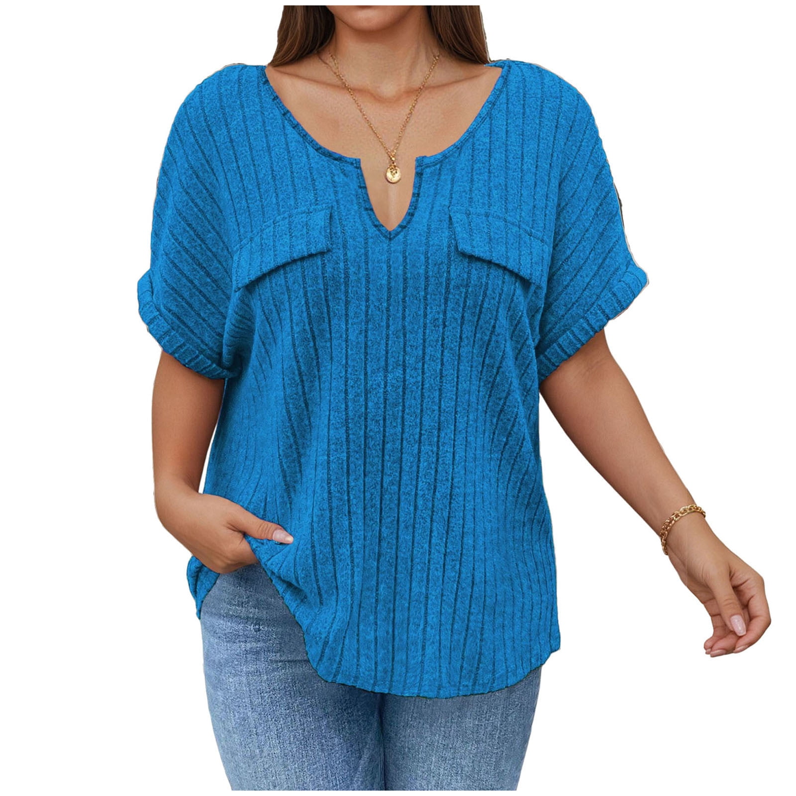 BLCHUNen Womens Plus Size Tops Notched V Neck Rolled Short Sleeve ...