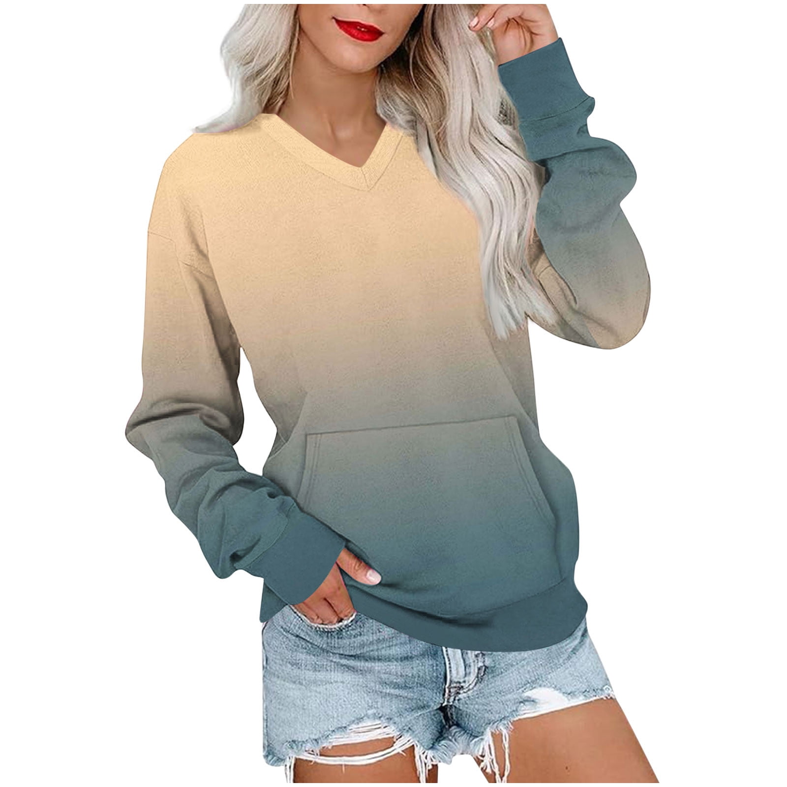 BLCHUNen Womens Sweatshirt V Neck Gradient Color Sweatshirt Casual ...