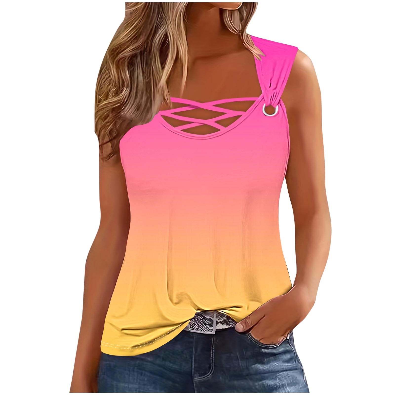 BLCHUNen Womens Tank Tops Crisscross Scoop Neck O Ring Shoulder Tops ...