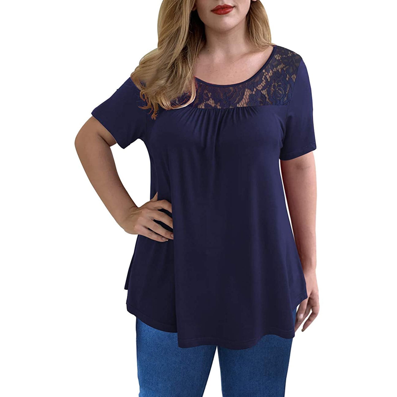 BLCHUNen Womens Tops Plus Size Lace Short Sleeve Crew Neck Pullover ...