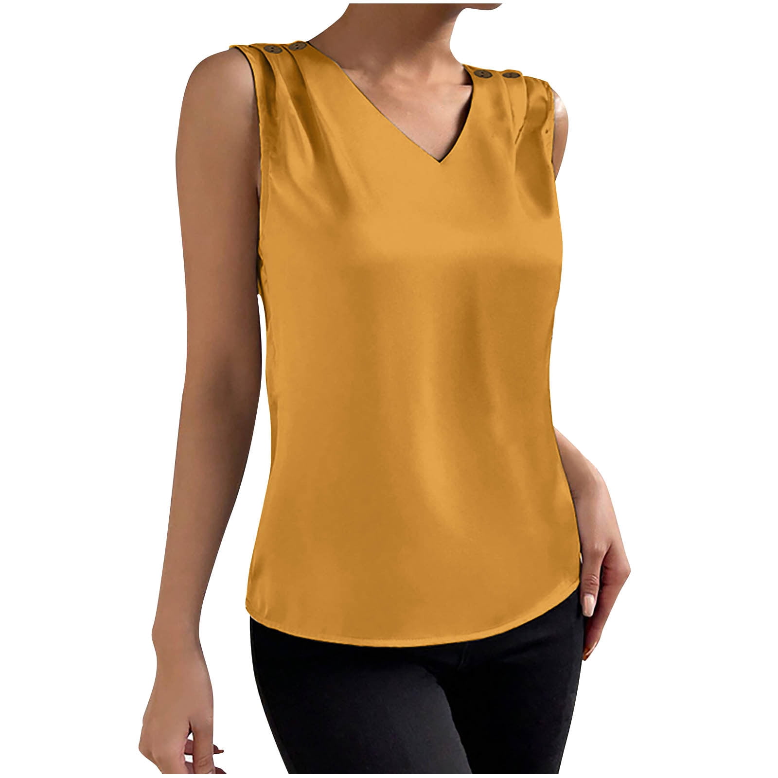 BLCHUNen Work Tops for Women Tanks Satin V Neck Button Ruched ...