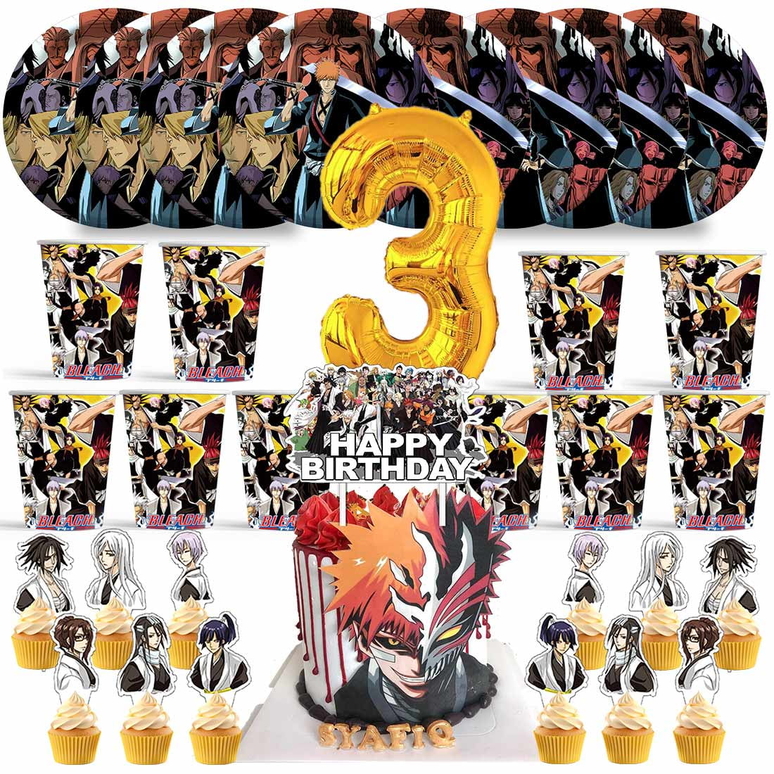 BLEACH Birthday 3rd Cups Party Supplies Plates Fans Decorations Cake ...
