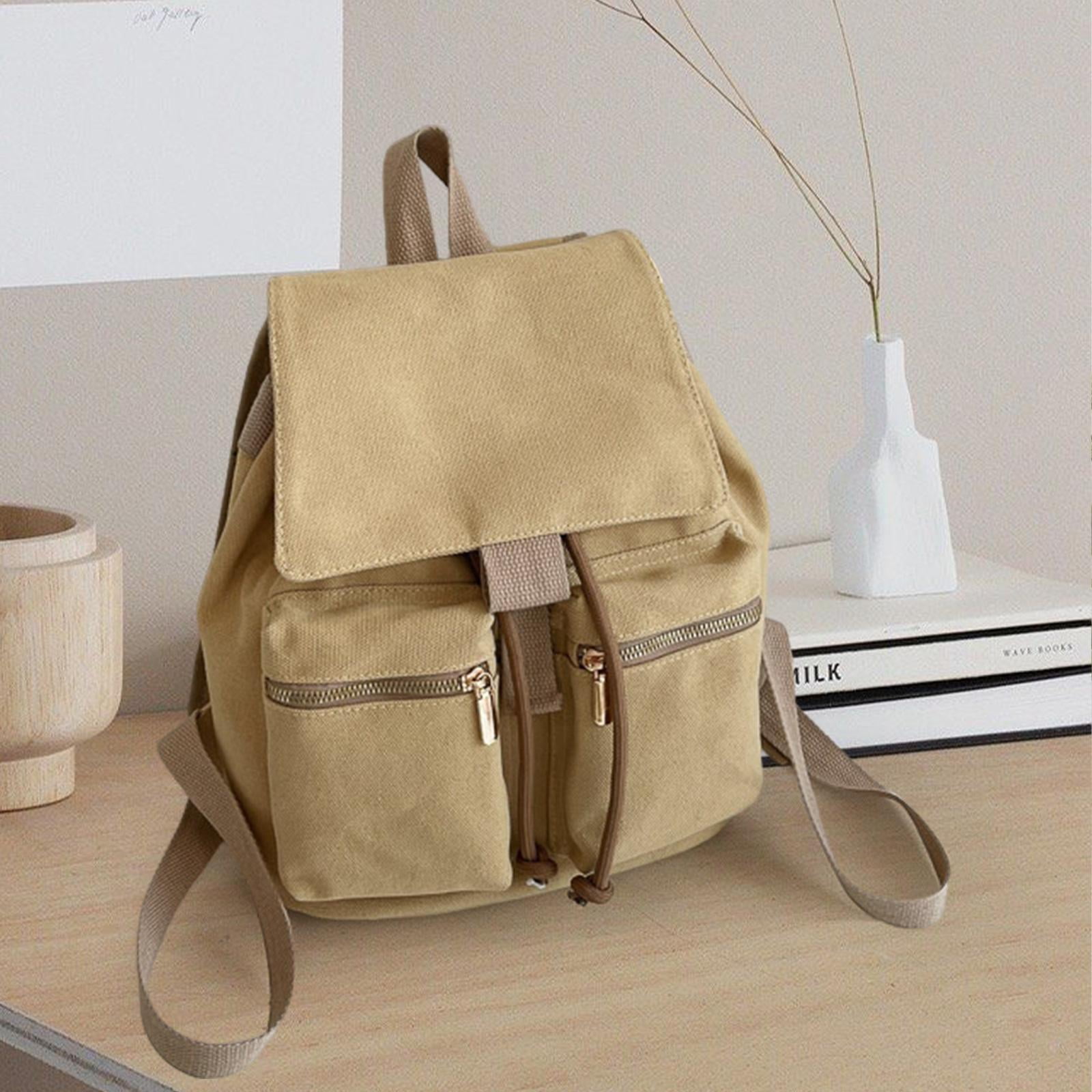 BLESIYA Canvas Backpack Hiking Backpack School Bag Multi Pockets Drawstring Rucksack khaki ...