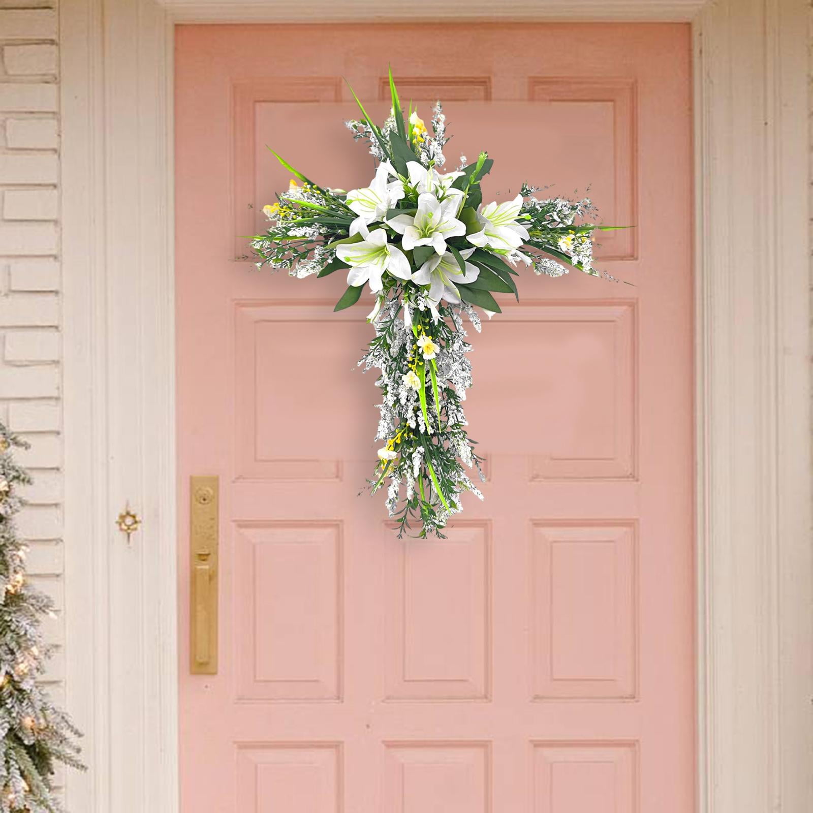 BLESIYA Easter Cross Lily Wreath Hanging Decoration Front Door Ornament ...