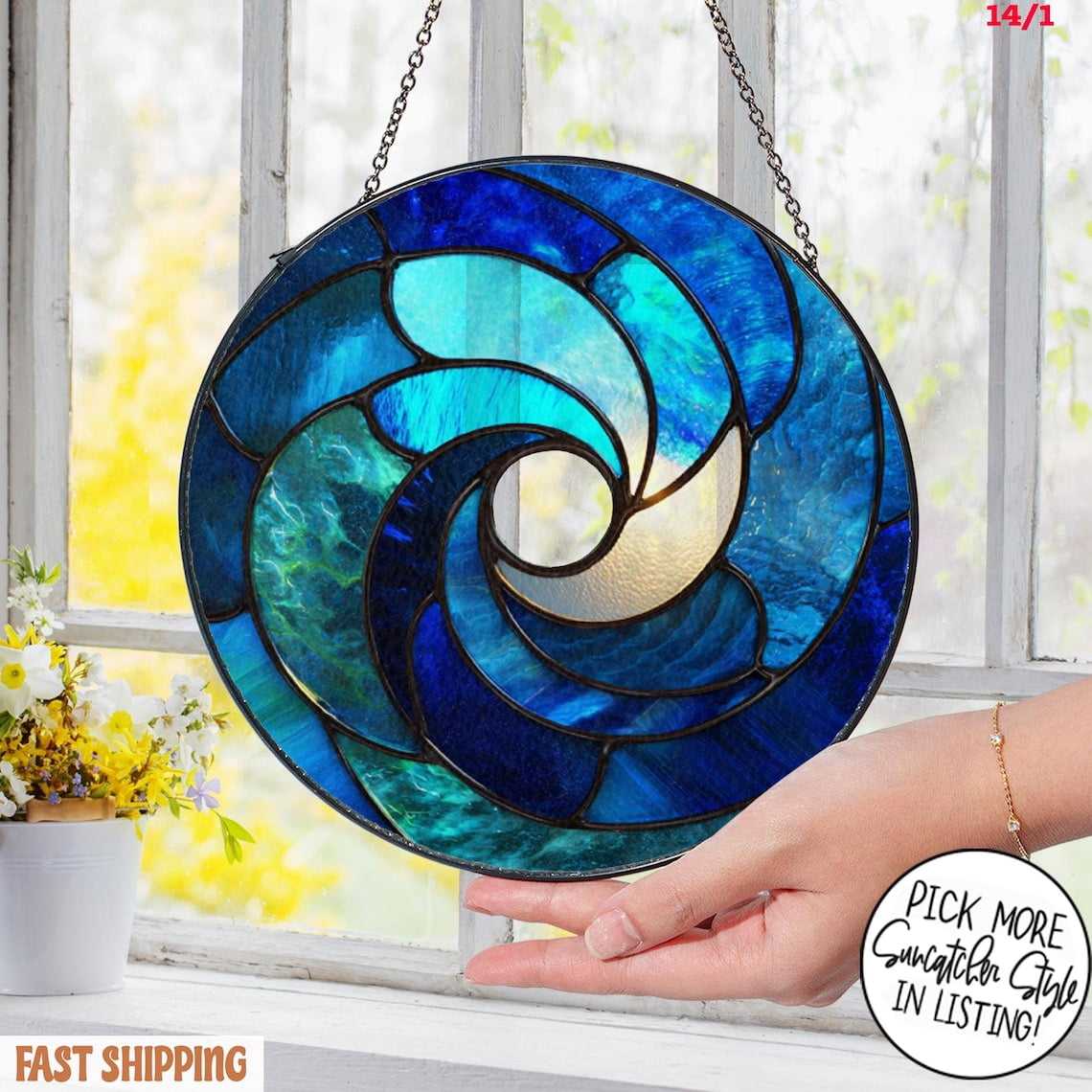 BLESSING DECOR Abstract Blue Glass Suncatcher, Spiral Ocean Inspired ...