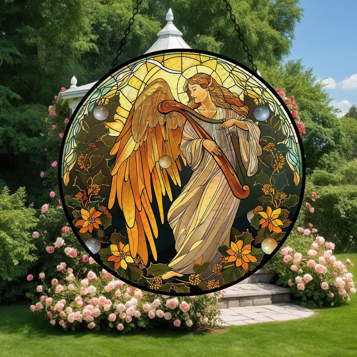 BLESSING DECOR Angels Playing Music Glass Suncatcher, Harp Religious ...