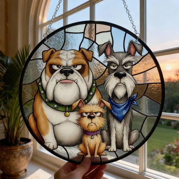 BLESSING DECOR Annoying Dogs Angry Animals Window Hanging, Glass Style ...