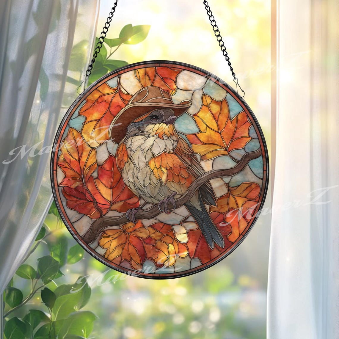 BLESSING DECOR Autumn Bird Glass Suncatcher, Fall Leaves Window Art ...