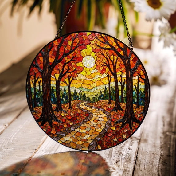 BLESSING DECOR Autumn Forest Path Glass Suncatcher v9, Woodland Nature ...