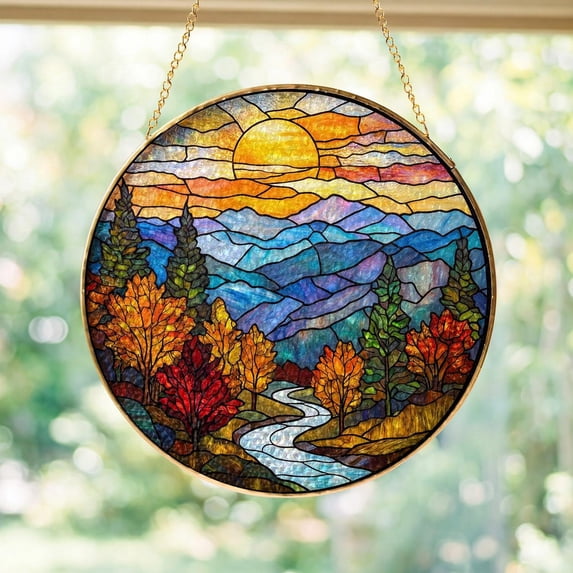 BLESSING DECOR Autumn River Glass Suncatcher, Mountain Sunset Window ...