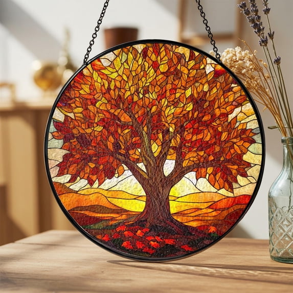 BLESSING DECOR Autumn Stained Glass Sun Catcher: Fall Window Hanging ...