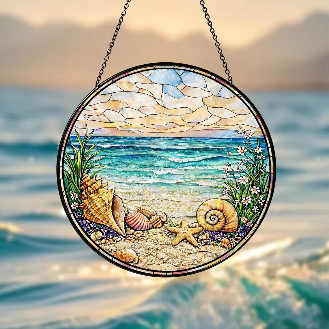 BLESSING DECOR Beach Faux Glass Suncatcher, Beach Palm Tree Sunset Art ...