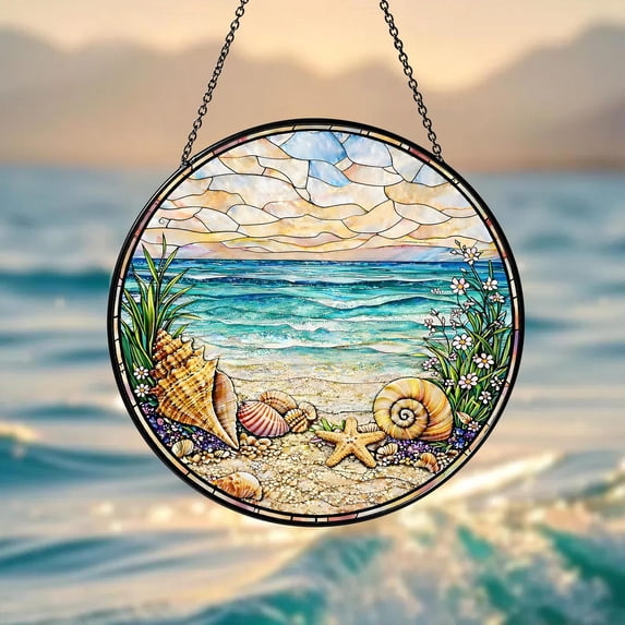 BLESSING DECOR Beach Faux Glass Suncatcher, Beach Palm Tree Sunset Art ...