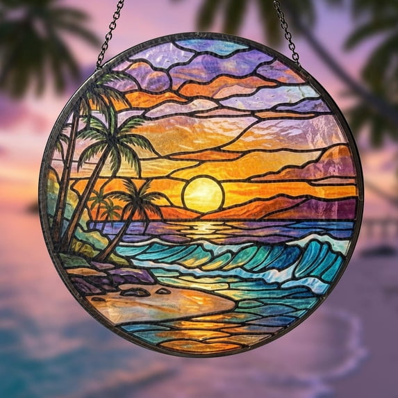 BLESSING DECOR Beach Glass Suncatcher v7, Ocean Wave Window Hanging ...