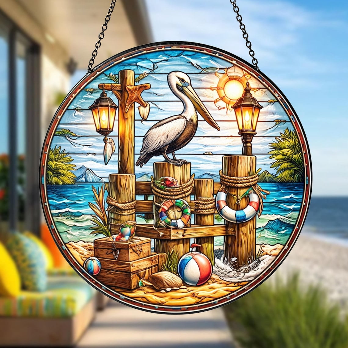 BLESSING DECOR Beach House Glass Suncatcher v4, Ocean Wave Window ...