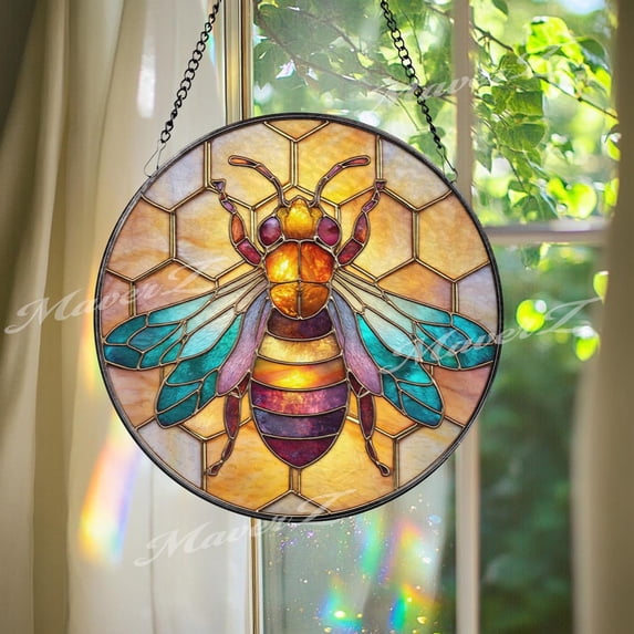 BLESSING DECOR Bee Glass Suncatcher, Honeycomb Window Decor, Colorful ...