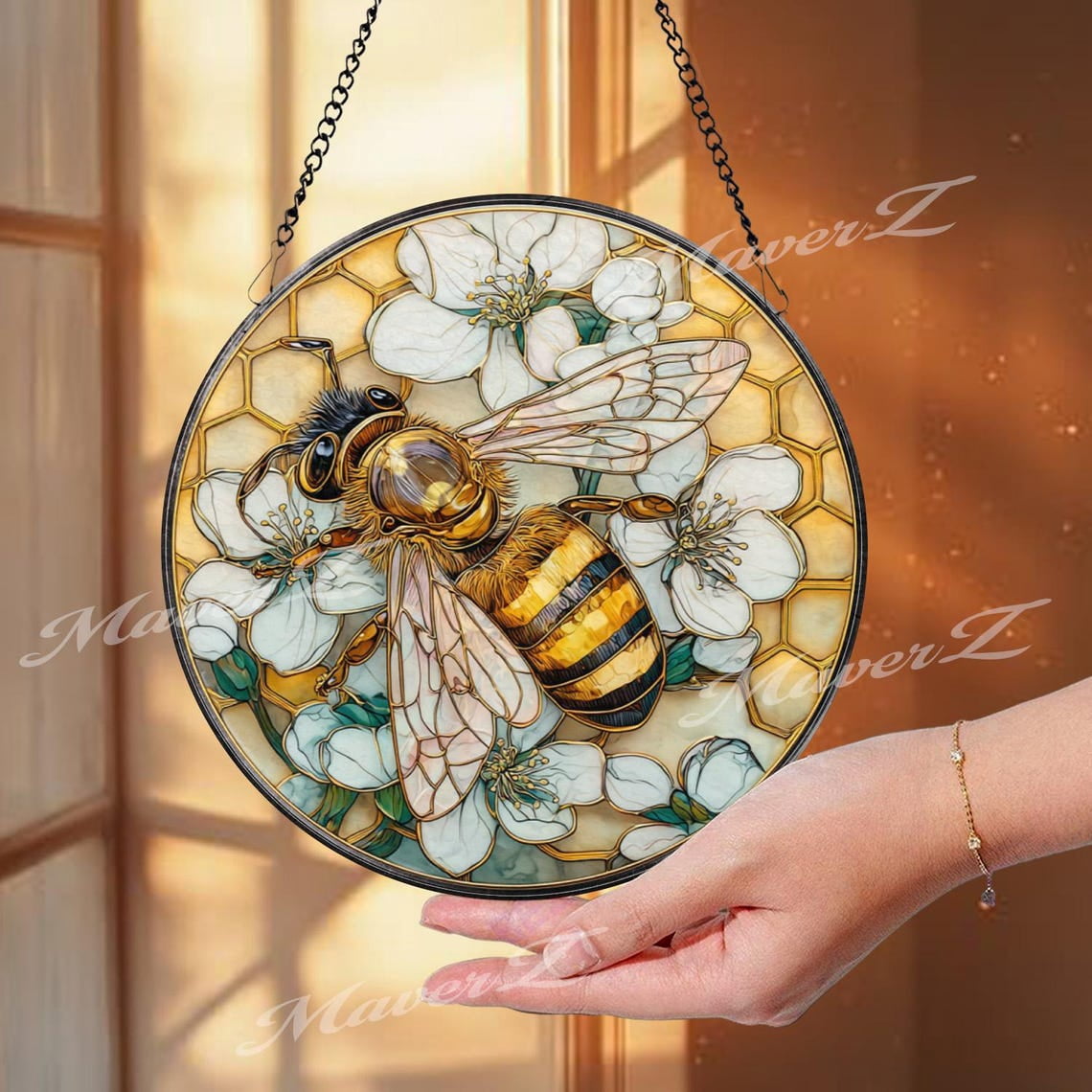 BLESSING DECOR Bee Glass Suncatcher, Round Honeycomb and Flower Window ...