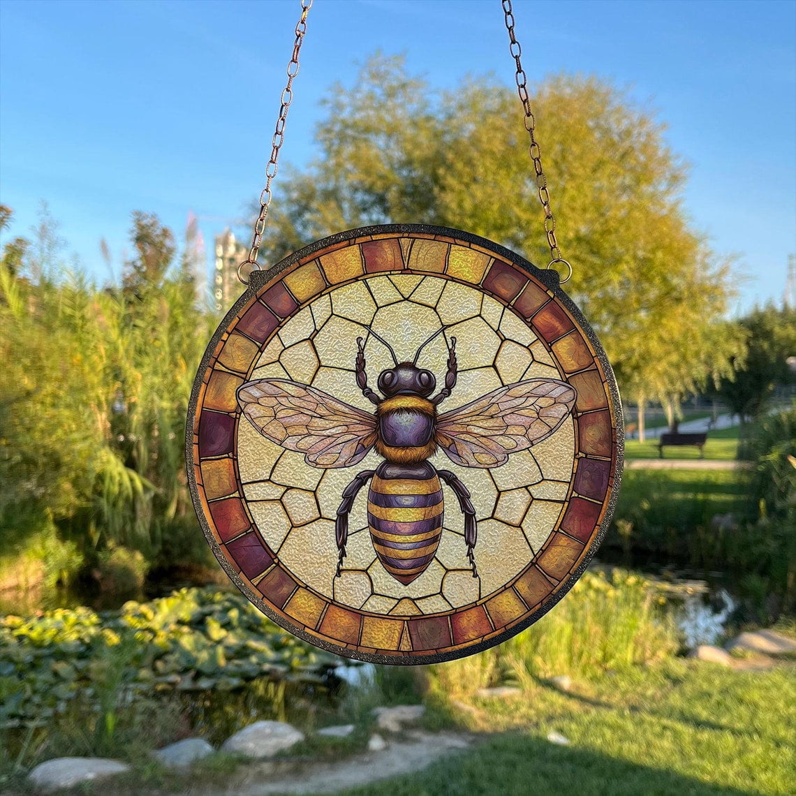 BLESSING DECOR Bee Glass Suncatcher v14, Farmhouse Honeybee Window ...