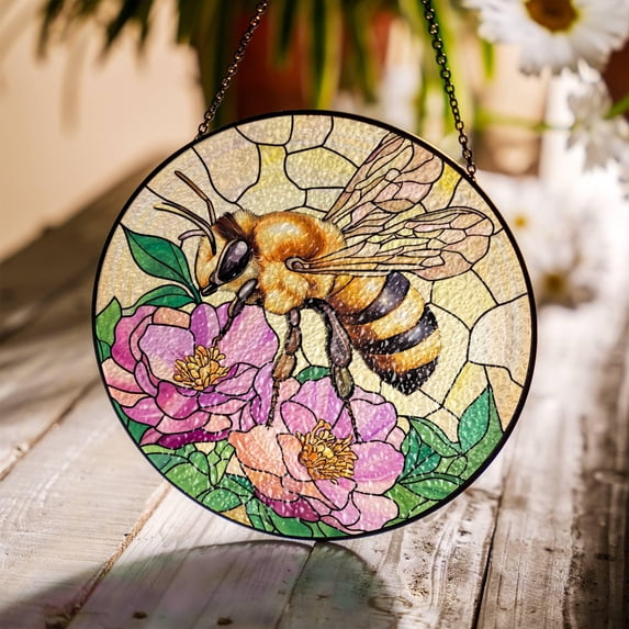BLESSING DECOR Bee Stained Glass Suncatcher: Honey Bee with Flowers ...