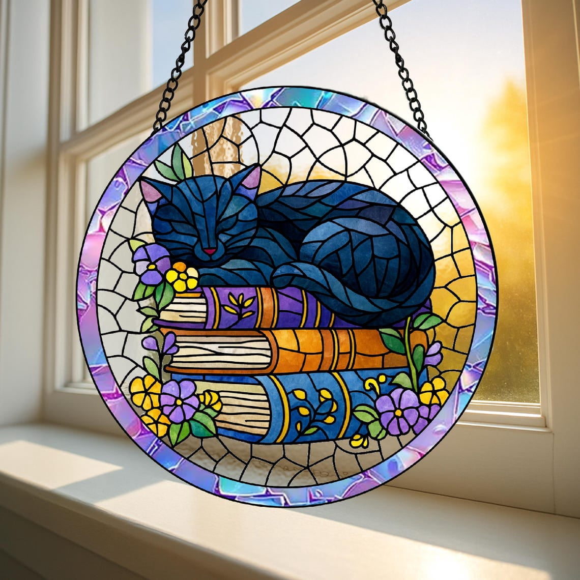 BLESSING DECOR Black Cat and Book Glass Suncatcher v6, Ghost Reading ...