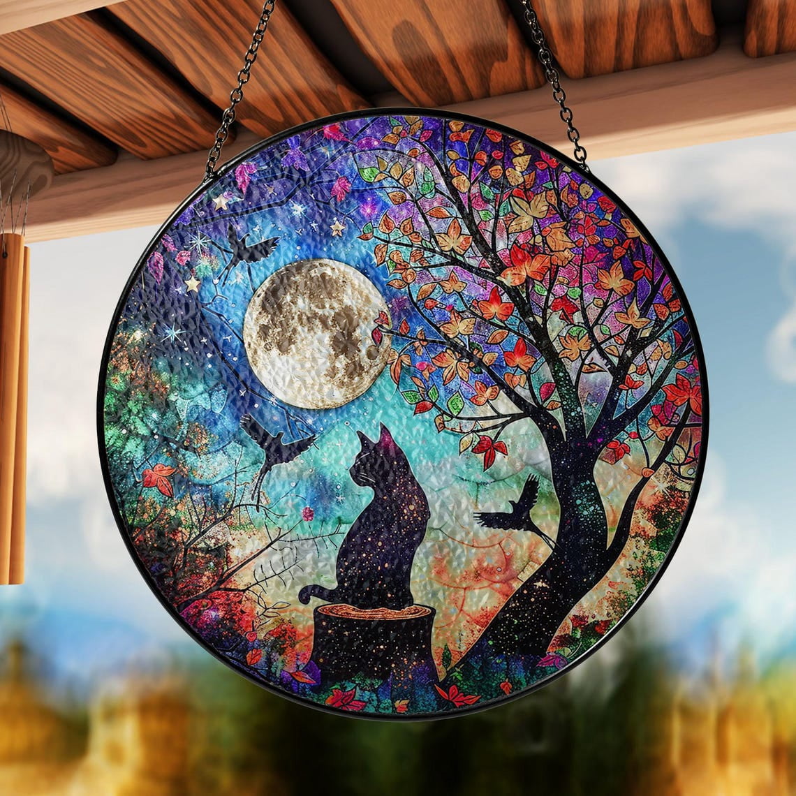 BLESSING DECOR Black Cat with Moon Glass Suncatcher v3, Feline ...