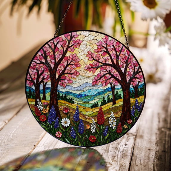 BLESSING DECOR Blooming Trees Field View Glass Suncatcher, Nature ...