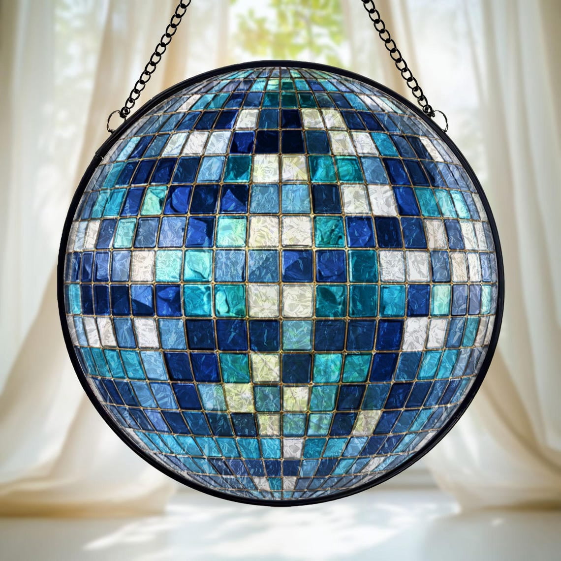 BLESSING DECOR Blue Disco Ball Glass Suncatcher, Round Mosaic Window ...