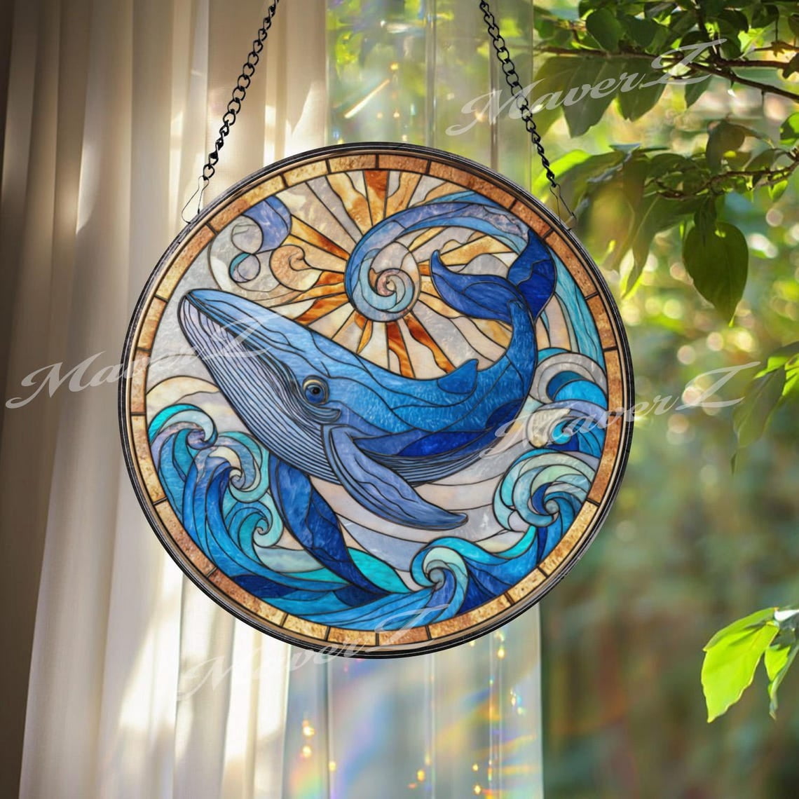 BLESSING DECOR Blue Whale Glass Suncatcher, Round Ocean Waves and Sun ...