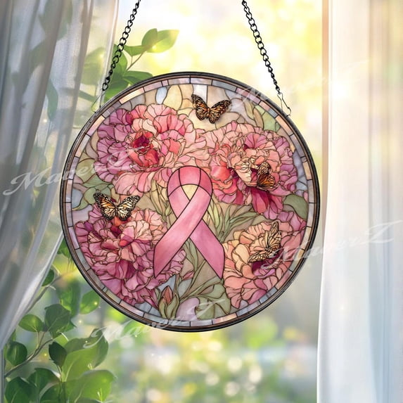 BLESSING DECOR Breast Cancer Ribbon Glass Suncatcher, Pink Peony ...