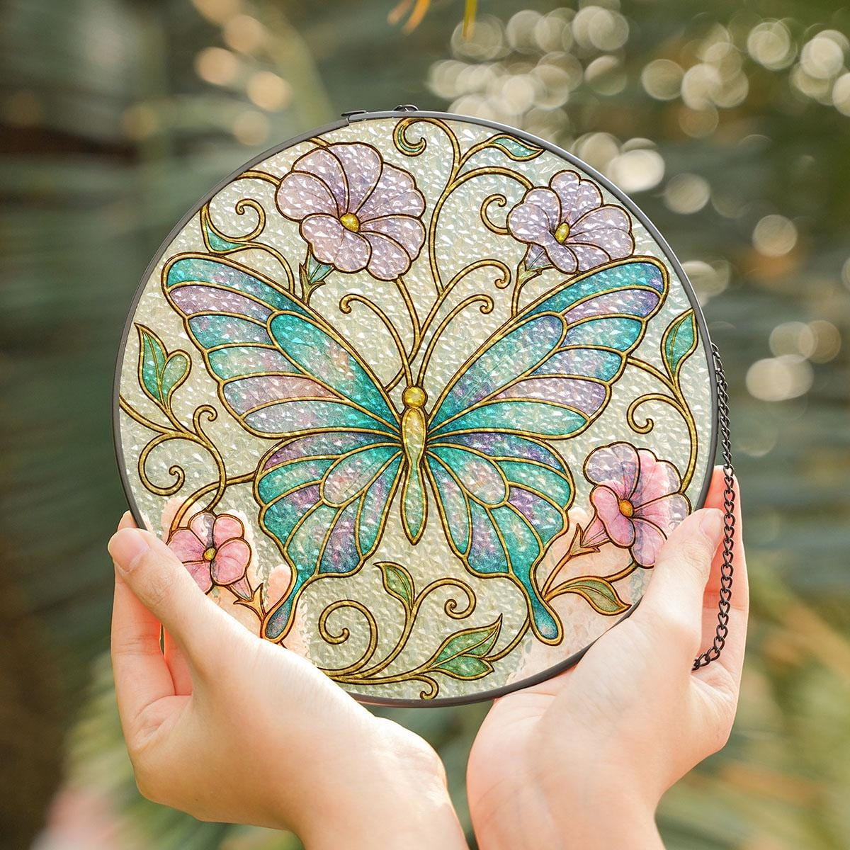 BLESSING DECOR Butterfly Floral Glass Suncatcher Round Window Elegant ...