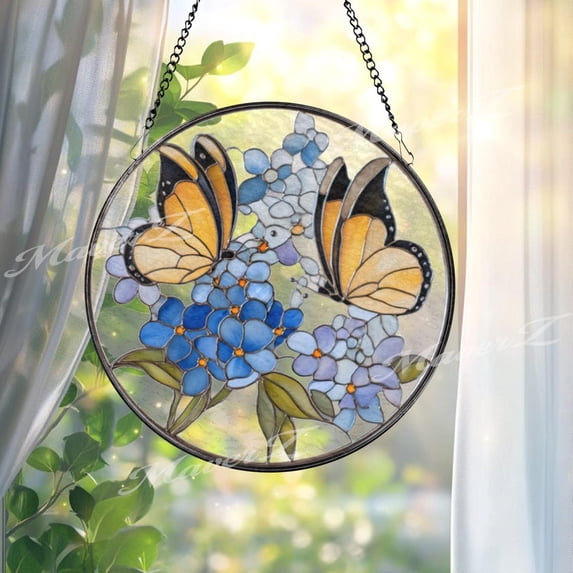 BLESSING DECOR Butterfly Glass Suncatcher, Blue Flower Window Art ...