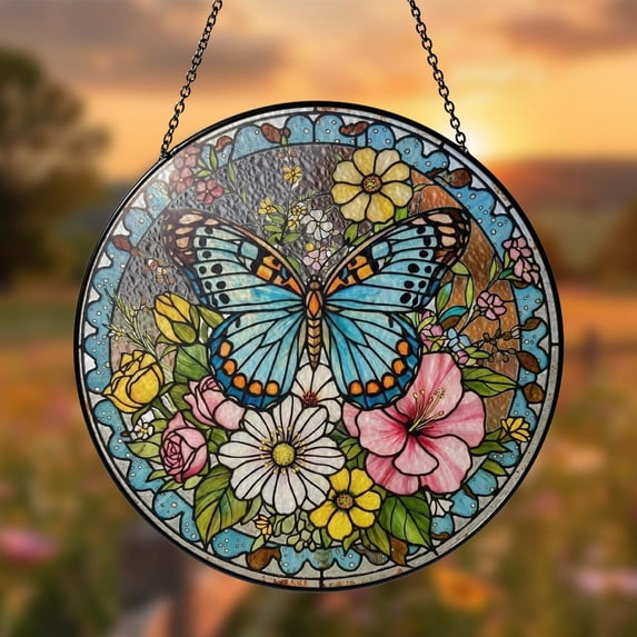 BLESSING DECOR Butterfly Glass Suncatcher v8, Floral Window Hanging ...