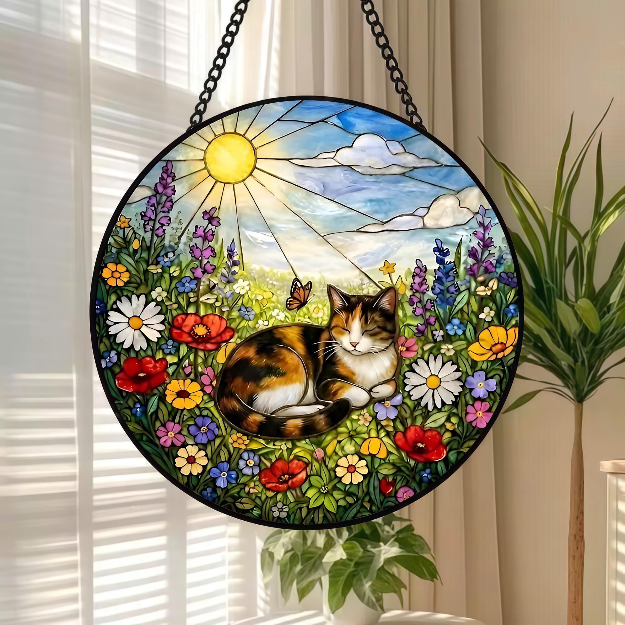BLESSING DECOR Calico Cat Stained Glass Suncatcher, Wildflower Meadow ...
