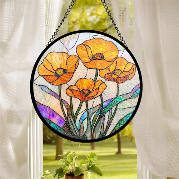 BLESSING DECOR California Poppy Glass Suncatcher v3, Orange Floral ...