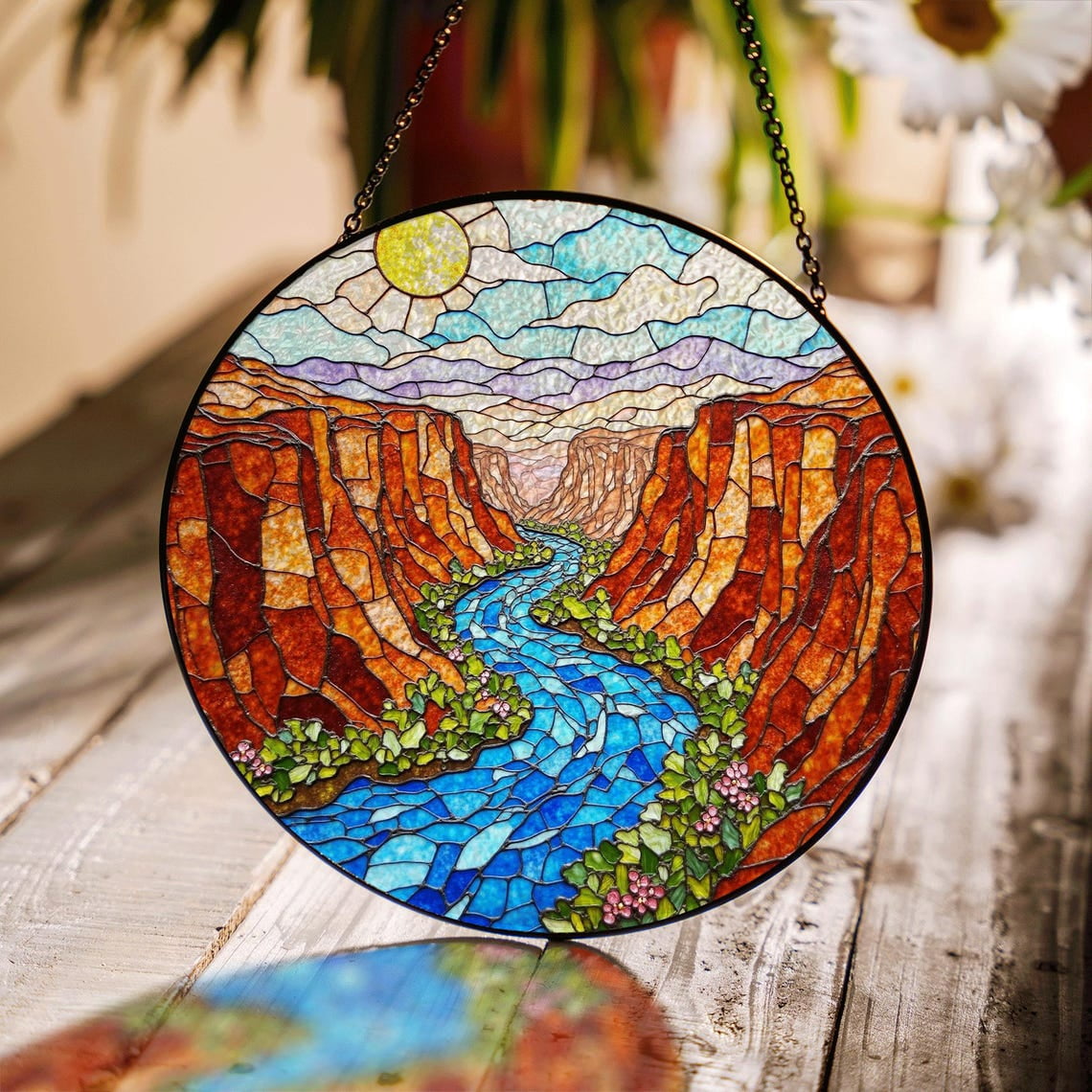BLESSING DECOR Canyon River Valley Glass Suncatcher, Landscape Window ...