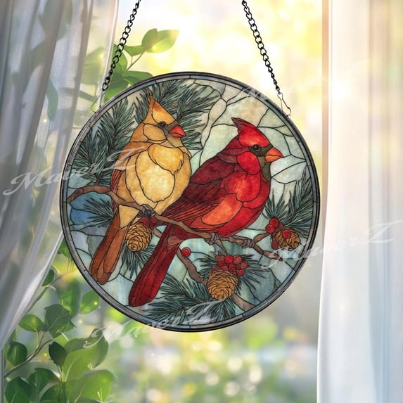 BLESSING DECOR Cardinals Glass Suncatcher, Round Window Panel Red and ...