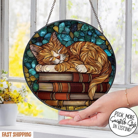 BLESSING DECOR Cat Book Suncatcher, Book Window Hanging, Book Lover ...