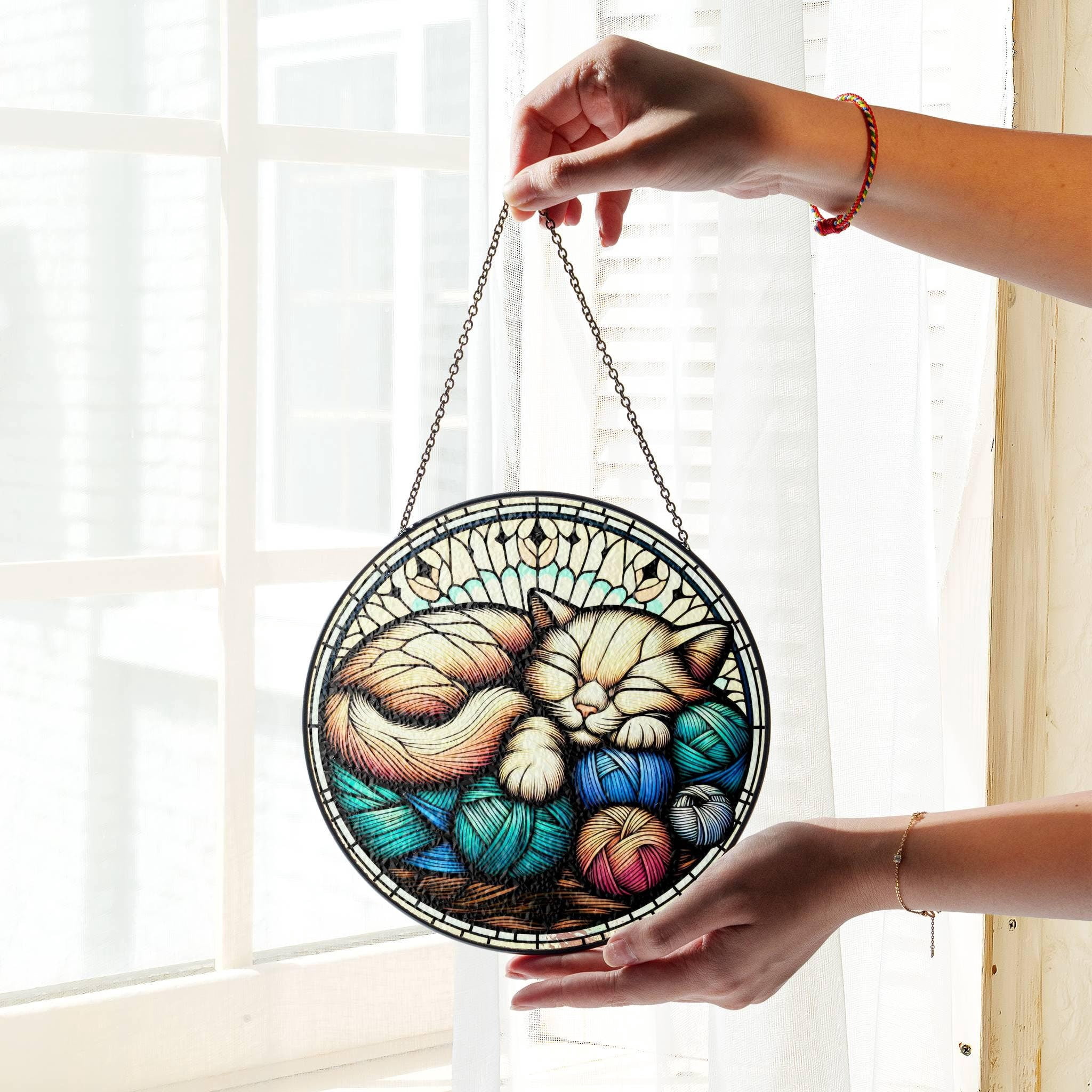 BLESSING DECOR Cat Sleeping on Yarn Faux Stained Glass Suncatcher 7 ...