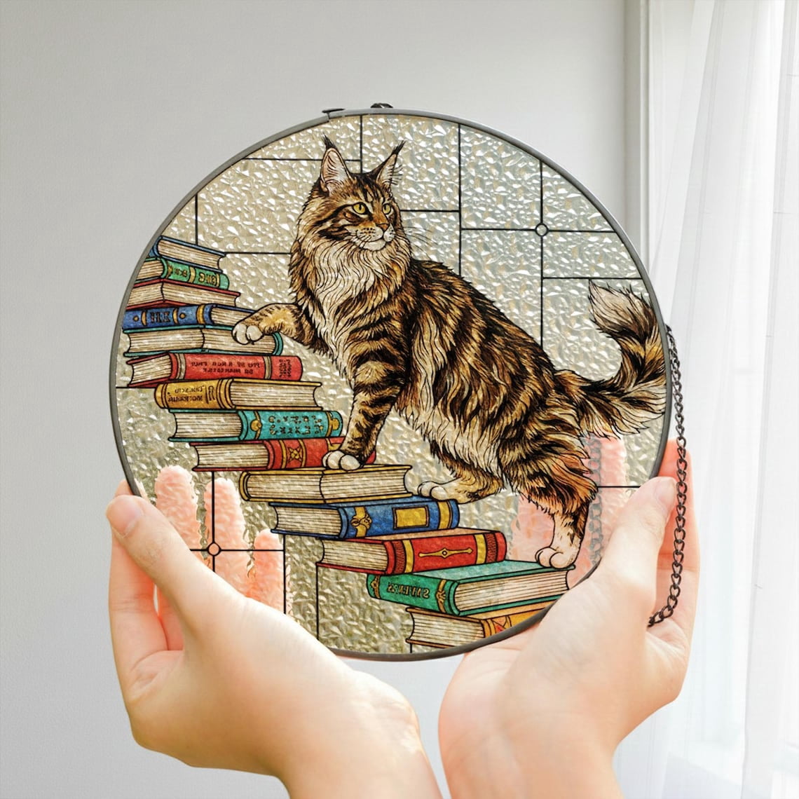 BLESSING DECOR Cat on Books Glass Suncatcher, Feline Library Window Art ...