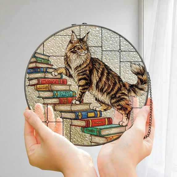 BLESSING DECOR Cat on Books Glass Suncatcher, Feline Library Window Art ...