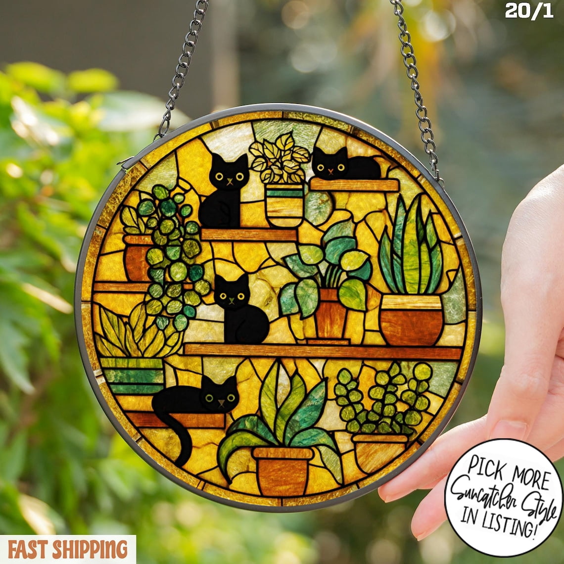 BLESSING DECOR Cats in Poppy Flowers Glass Suncatcher, Feline Garden ...