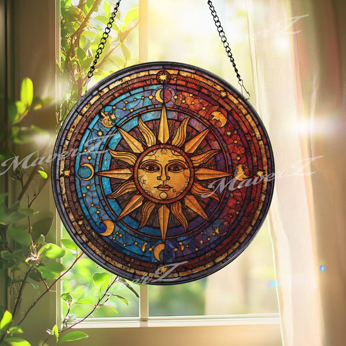 BLESSING DECOR Celestial Sun Moon Glass Suncatcher, Astrology Window ...