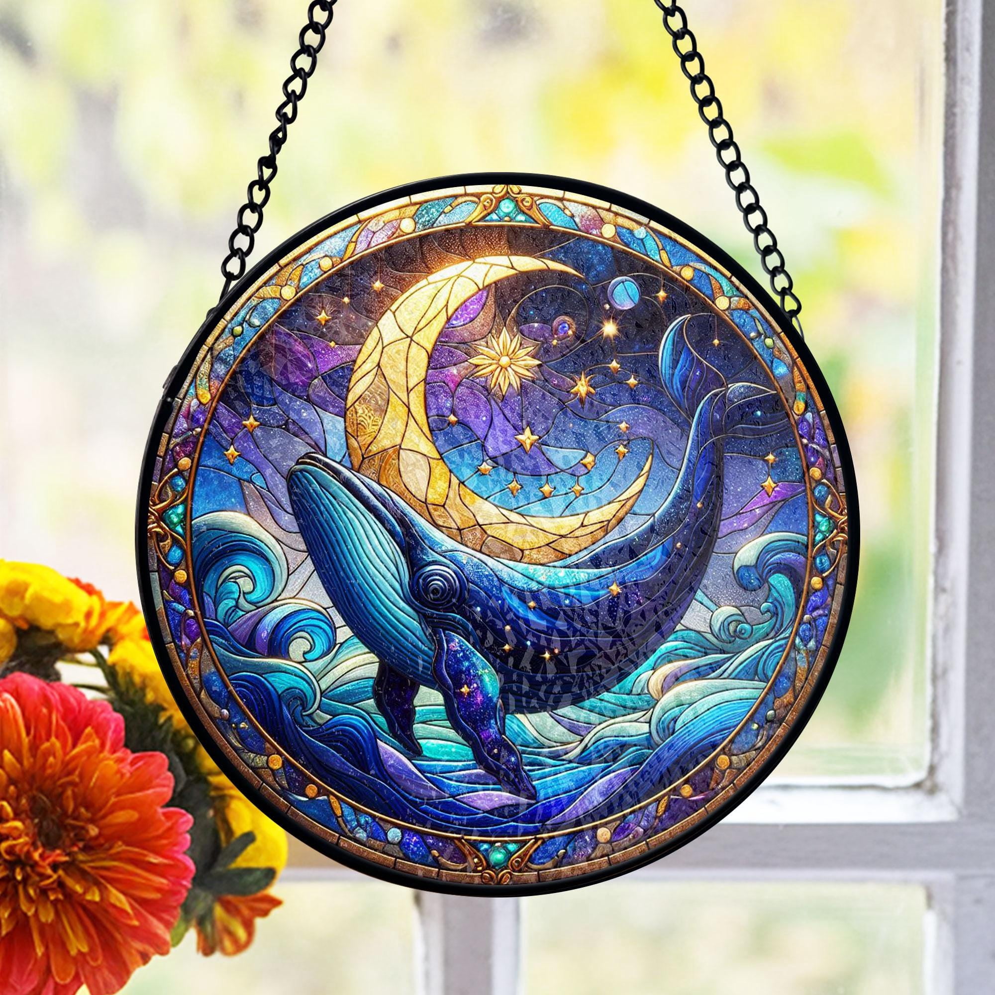 BLESSING DECOR Celestial Whale Stained Glass Suncatcher, Moon and Stars ...