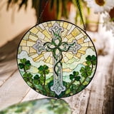 BLESSING DECOR Celtic Cross with Shamrocks Glass Suncatcher v2, Round ...