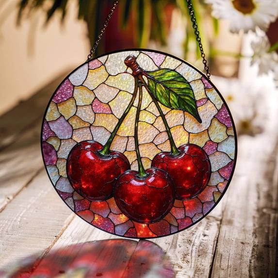 BLESSING DECOR Cherry Glass Suncatcher, Red Cherries and Leaf, Window ...