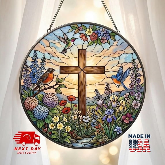 BLESSING DECOR Christian Cross Stained Glass Suncatcher, Floral Cross ...