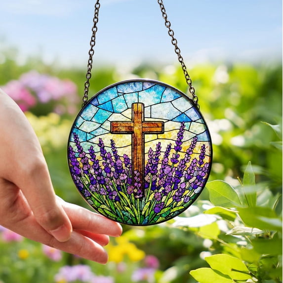 BLESSING DECOR Christian Cross Wildflower Glass Suncatcher, Easter ...